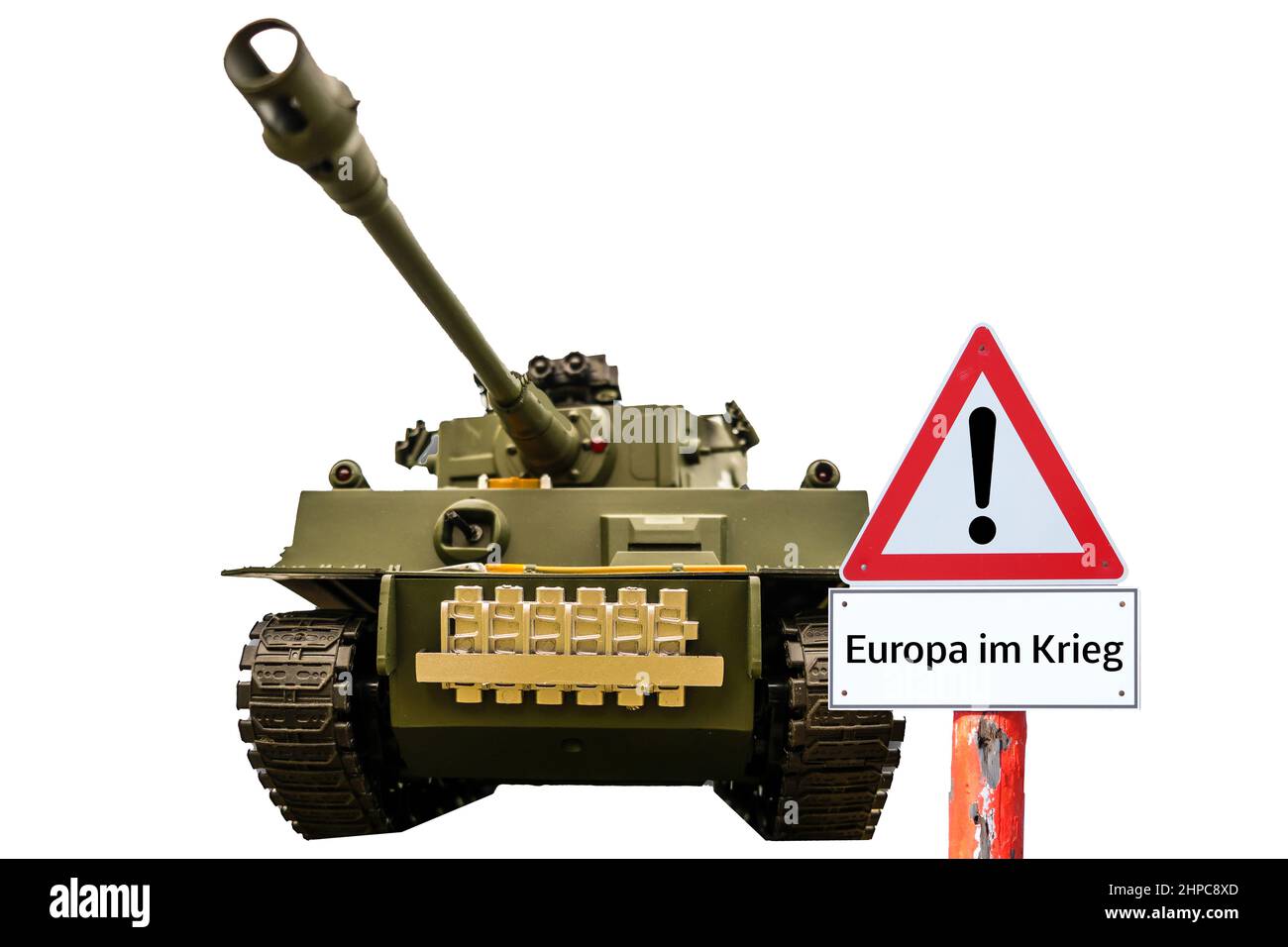 White background Tank with warning sign in german Stock Photo - Alamy
