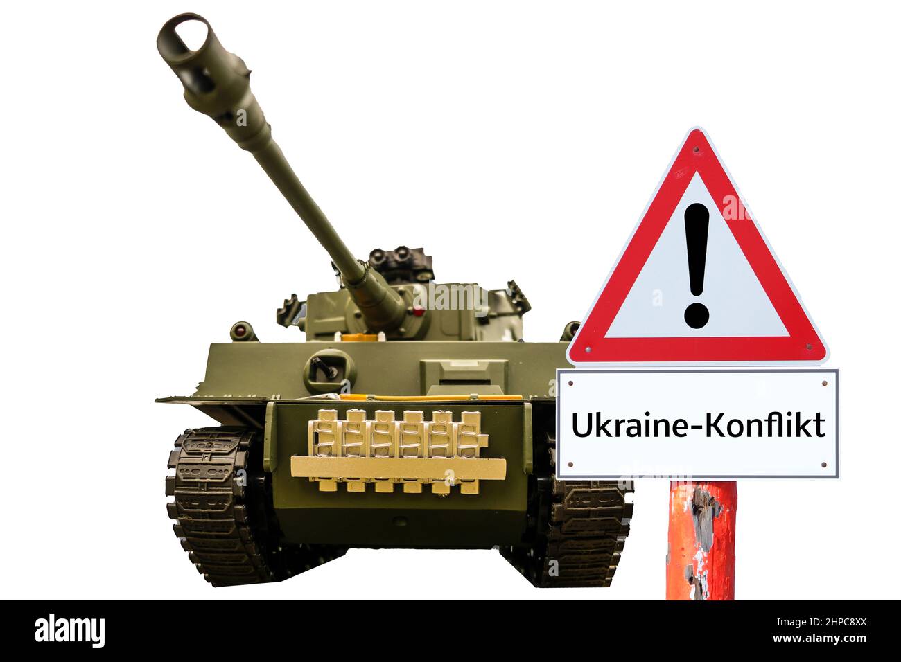 Ukraine conflict warning sign with tank white background isolated in ...