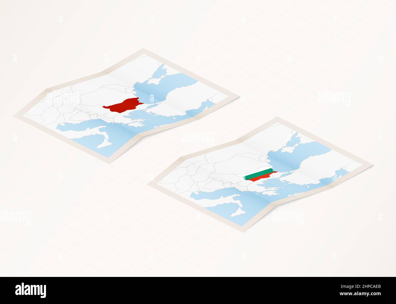 Two versions of a folded map of Bulgaria with the flag of the country ...