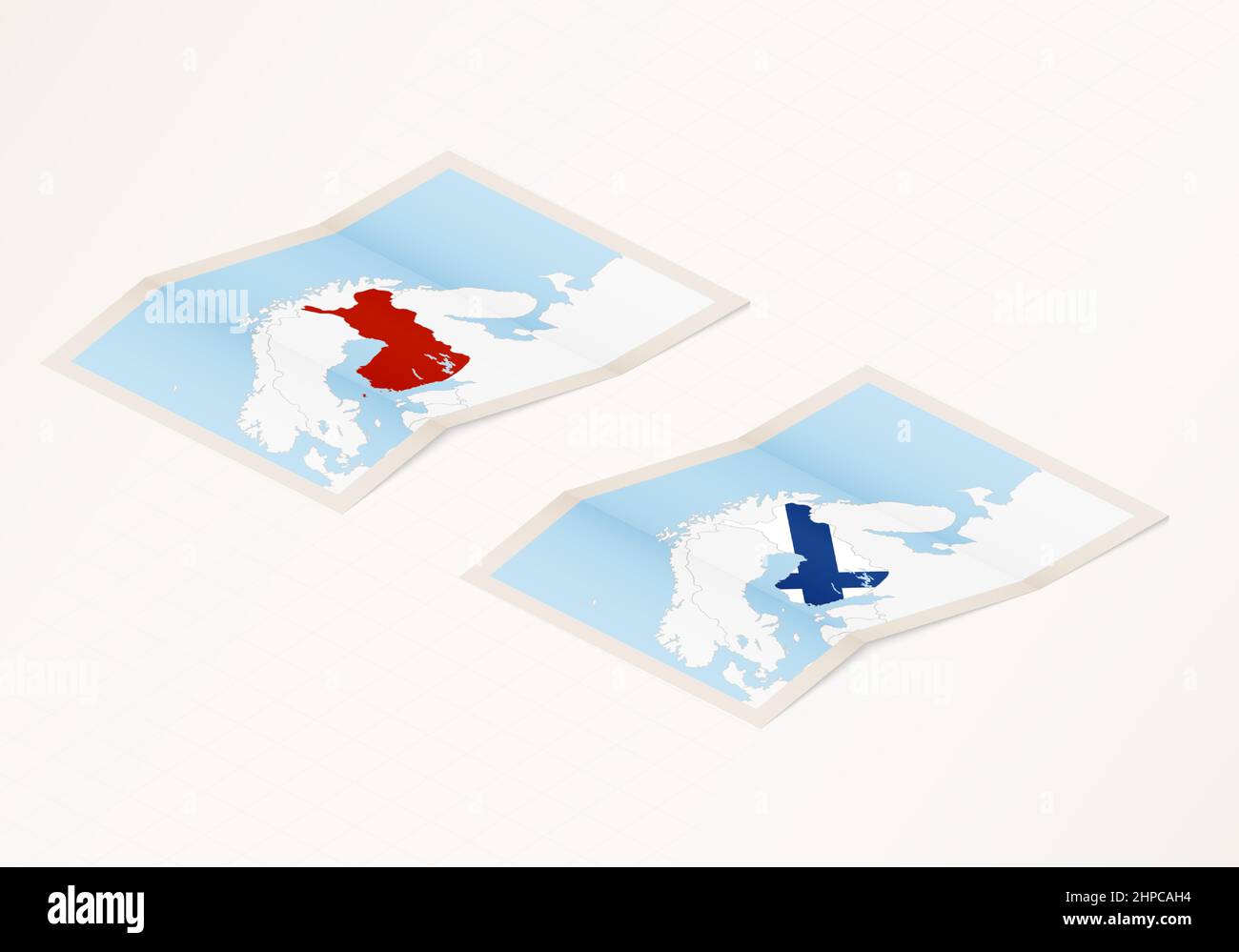 Two versions of a folded map of Finland with the flag of the country of ...
