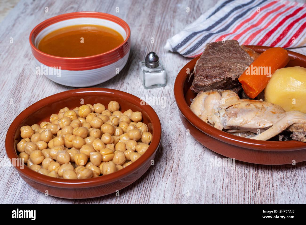 Cocido Madrileño, stew of chickpeas, vegetables, beef, chicken, chorizo ...