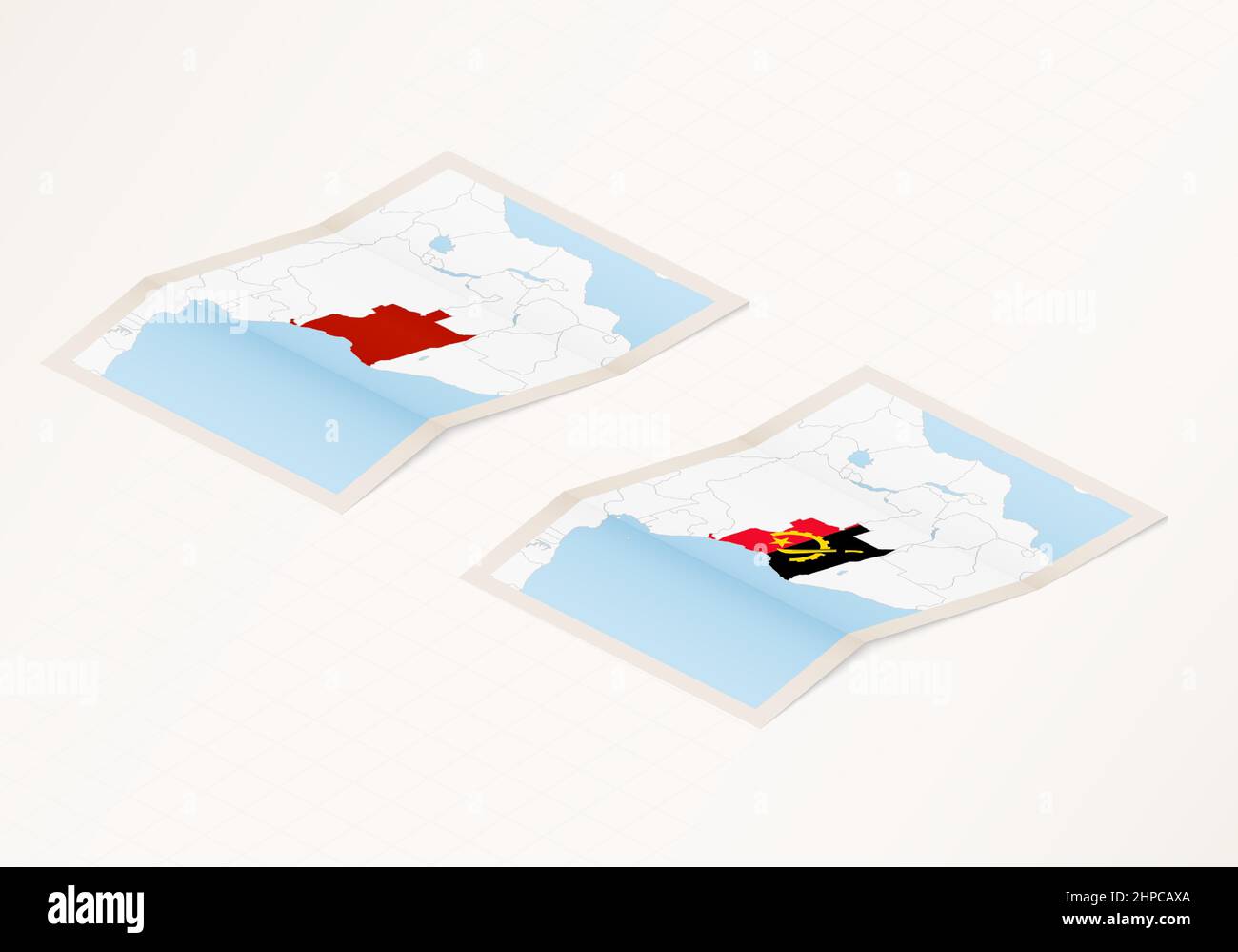 Two versions of a folded map of Angola with the flag of the country of ...