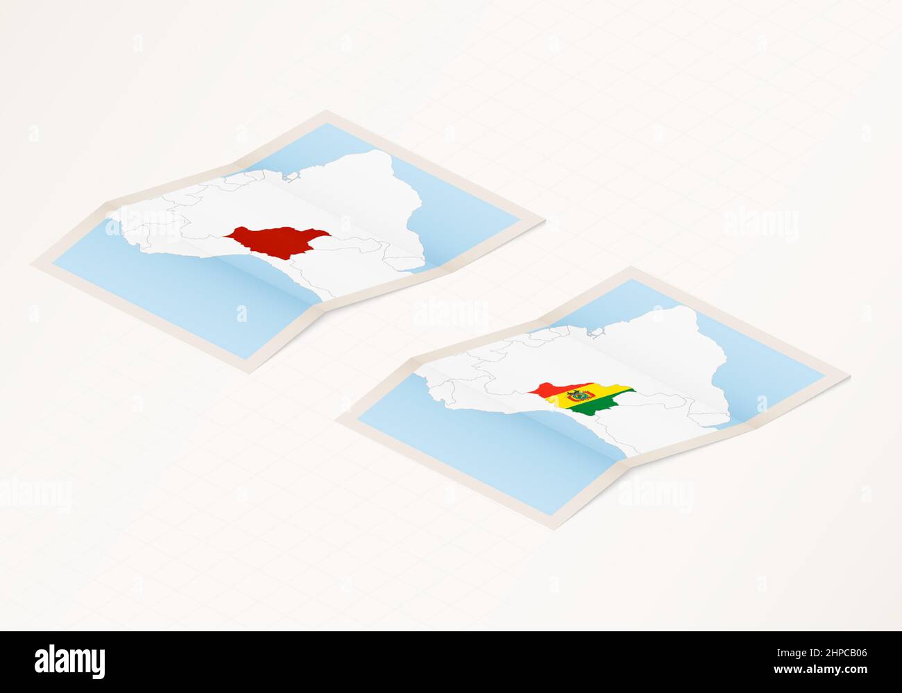 Two versions of a folded map of Bolivia with the flag of the country of ...