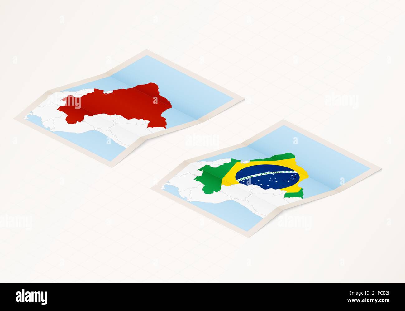 Two versions of a folded map of Brazil with the flag of the country of ...