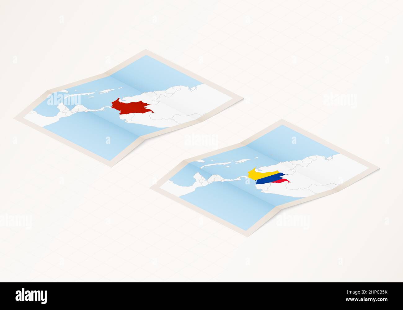 Two versions of a folded map of Colombia with the flag of the country ...