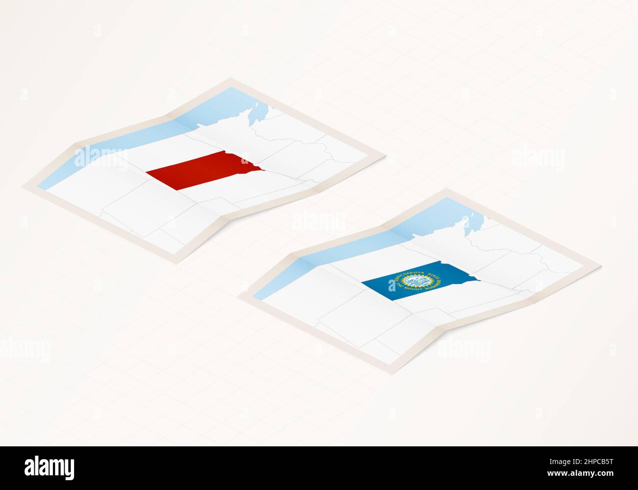 Two versions of a folded map of South Dakota with the flag of the ...