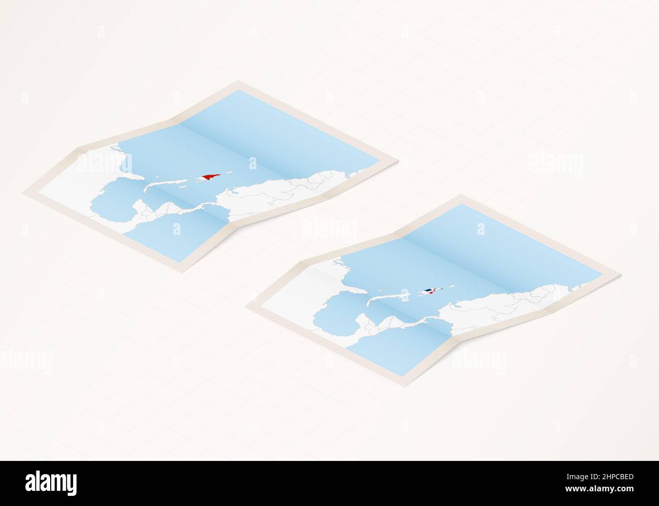 Two versions of a folded map of Dominican Republic with the flag of the ...