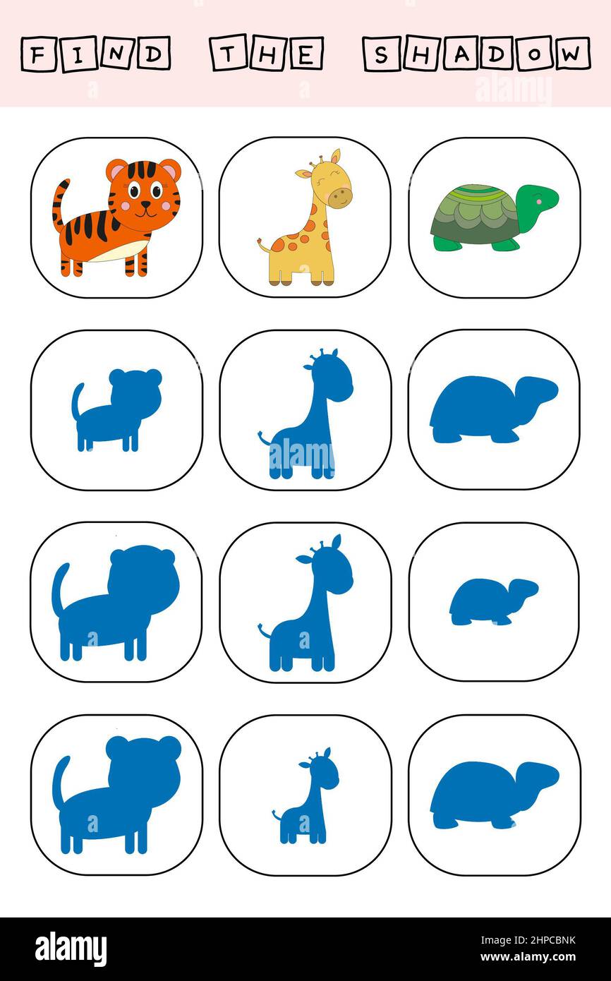 Find a shadow tiger, giraffe, turtle. Match toy with correct shadow ...