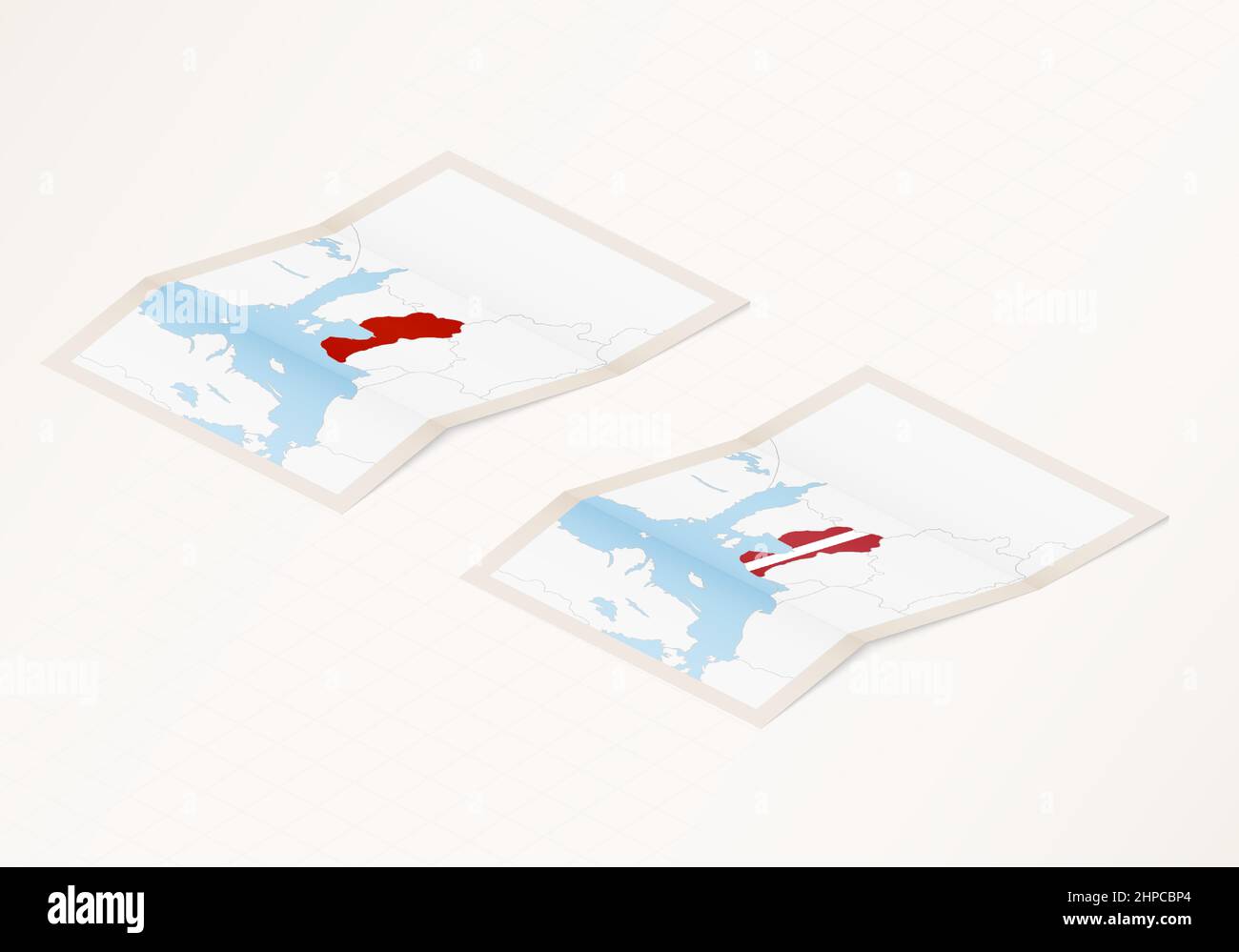Two versions of a folded map of Latvia with the flag of the country of Latvia and with the red ...