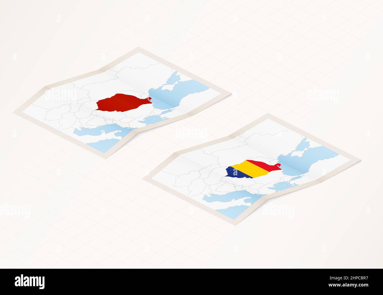 Two versions of a folded map of Romania with the flag of the country of ...