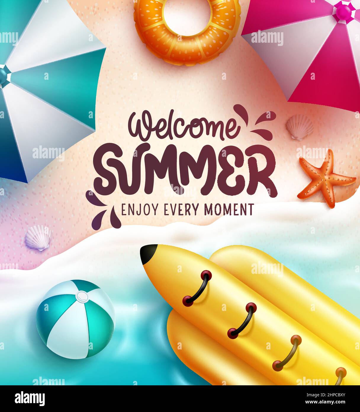 Summer beach vector design. Welcome summer text in sand and seashore ...
