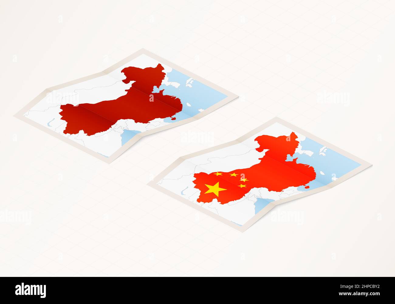 Two versions of a folded map of China with the flag of the country of ...