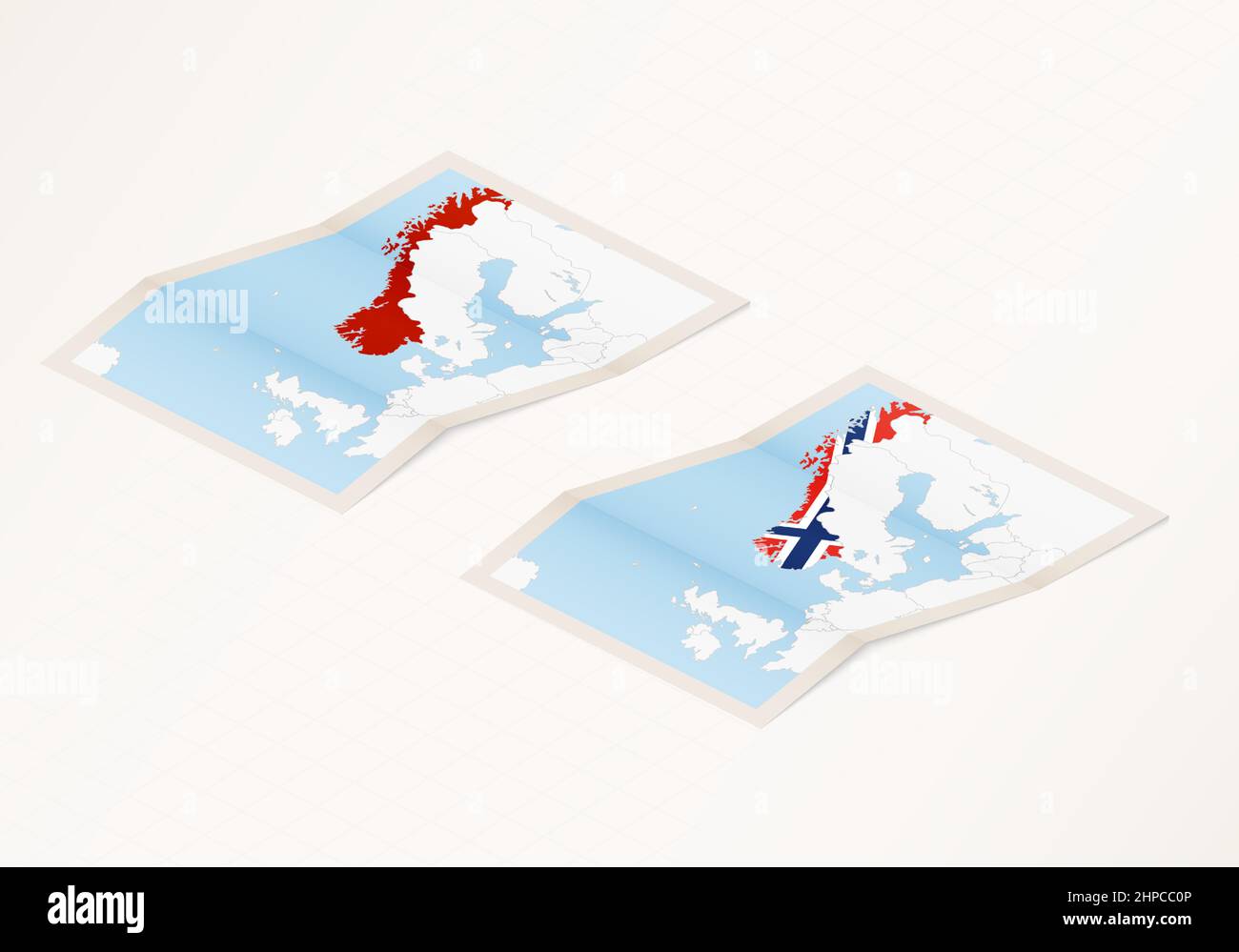 Two versions of a folded map of Norway with the flag of the country of ...