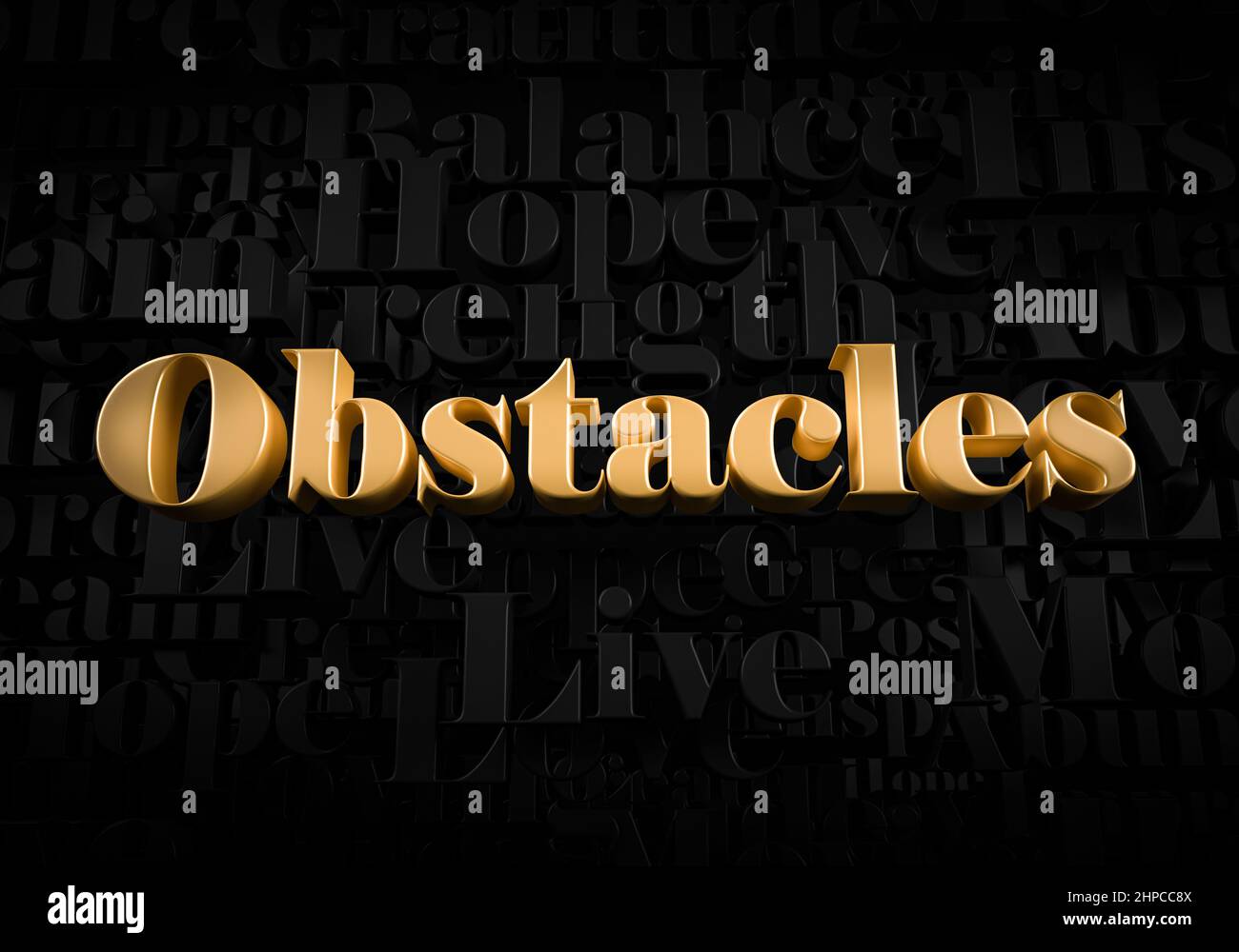 Obstacles - Gold text on black text background - Motivational word 3D ...