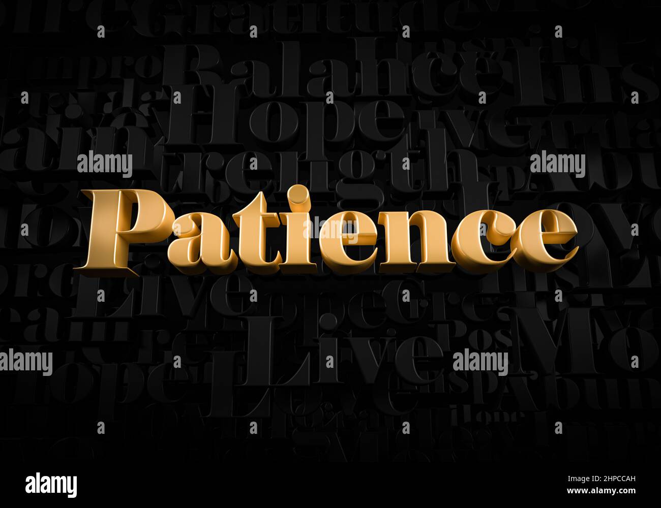 Patience - Gold text on black text background - Motivational word 3D ...