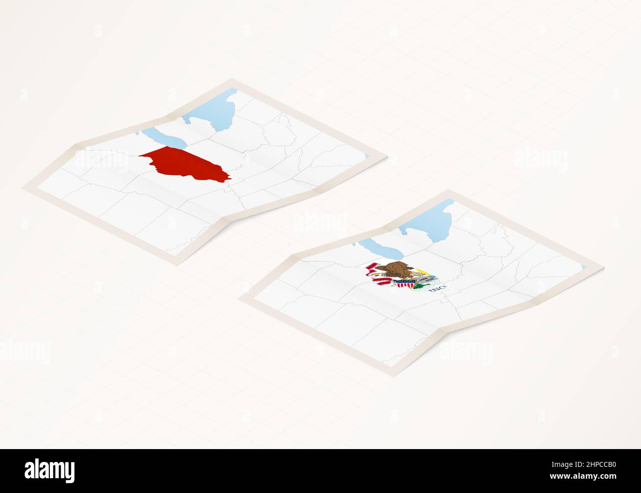 Two versions of a folded map of Illinois with the flag of the country ...