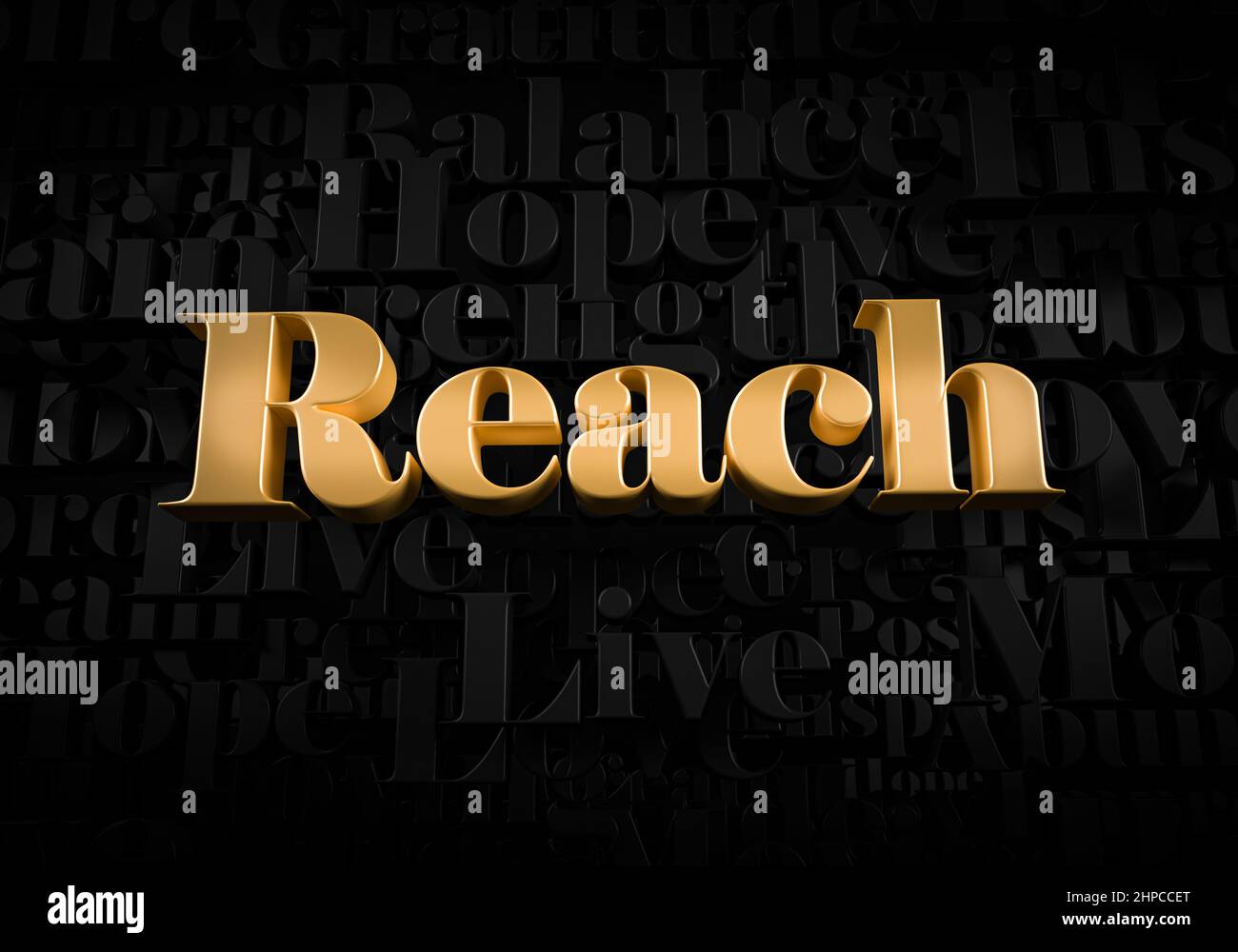 Reach - Gold text on black text background - Motivational word 3D ...