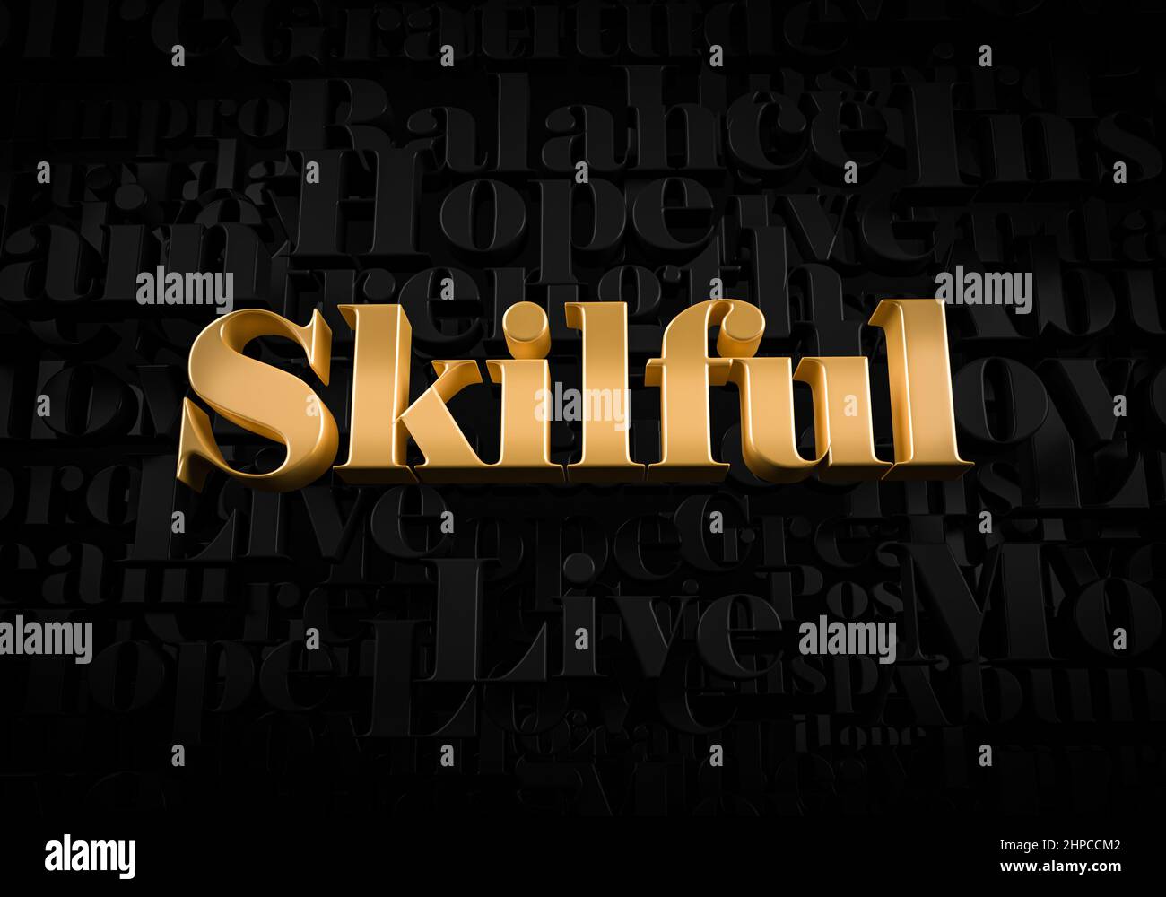 Skilful - Gold text on black text background - Motivational word 3D ...