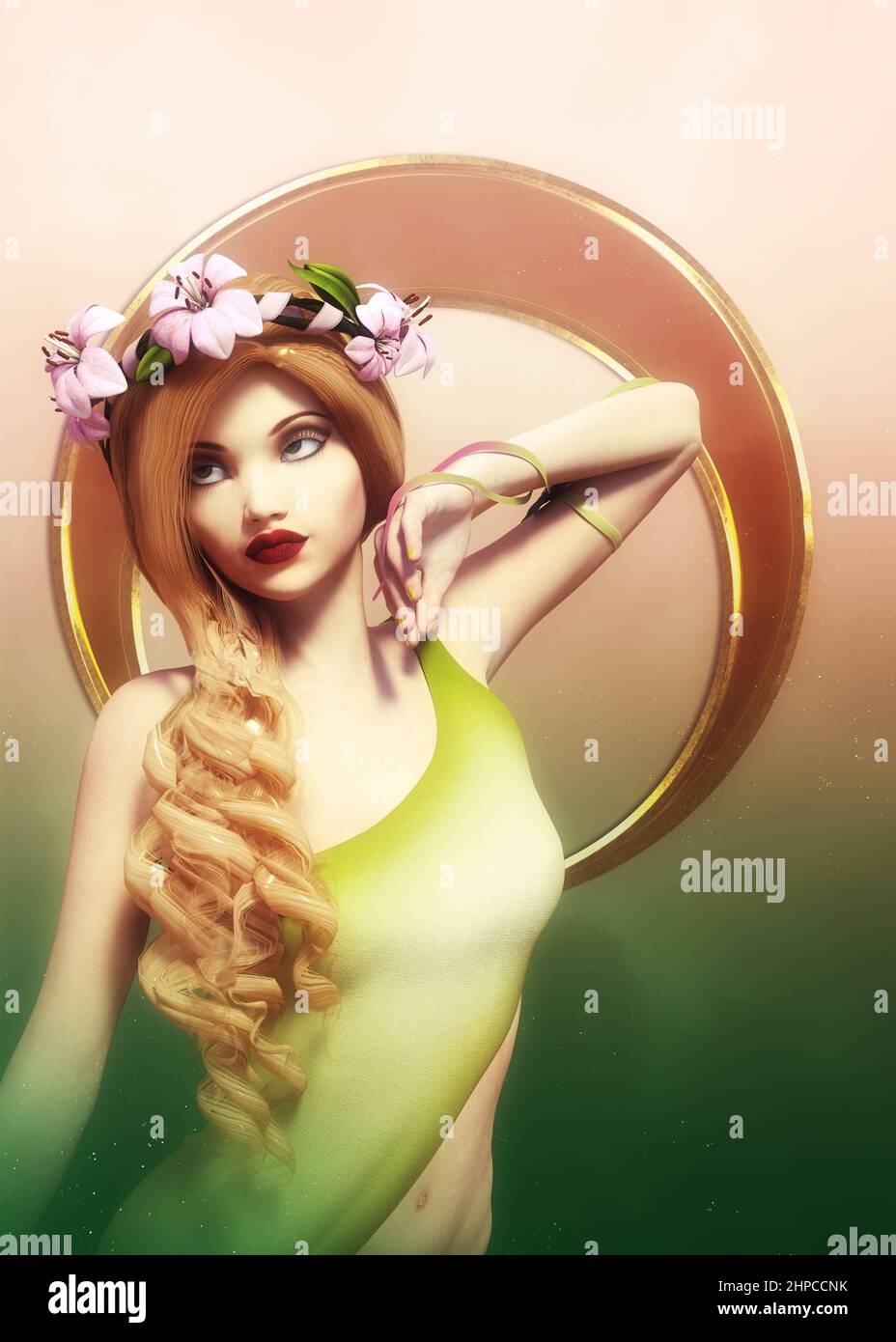 Fantasy nymph or fairy girl with blond curly hair, decorative 3d ...