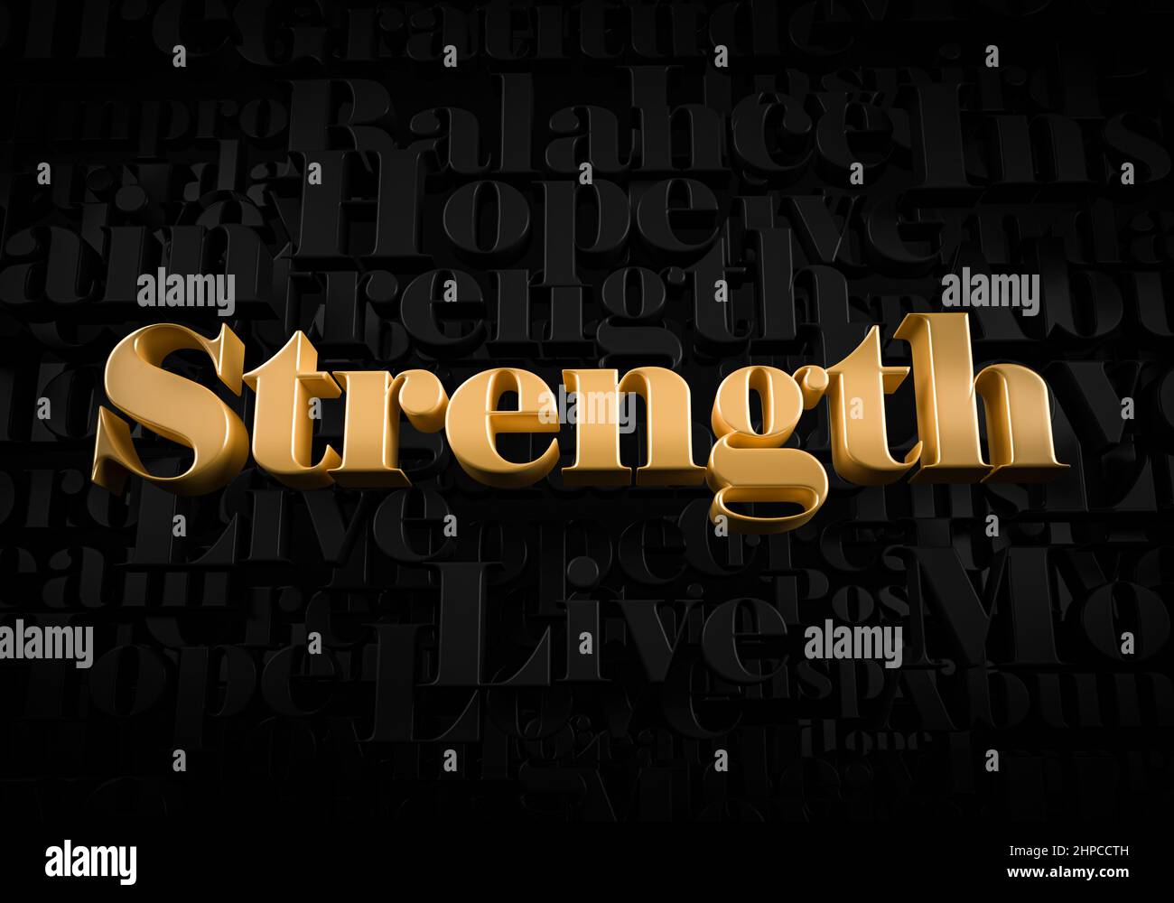 Strength - Gold text on black text background - Motivational word 3D ...
