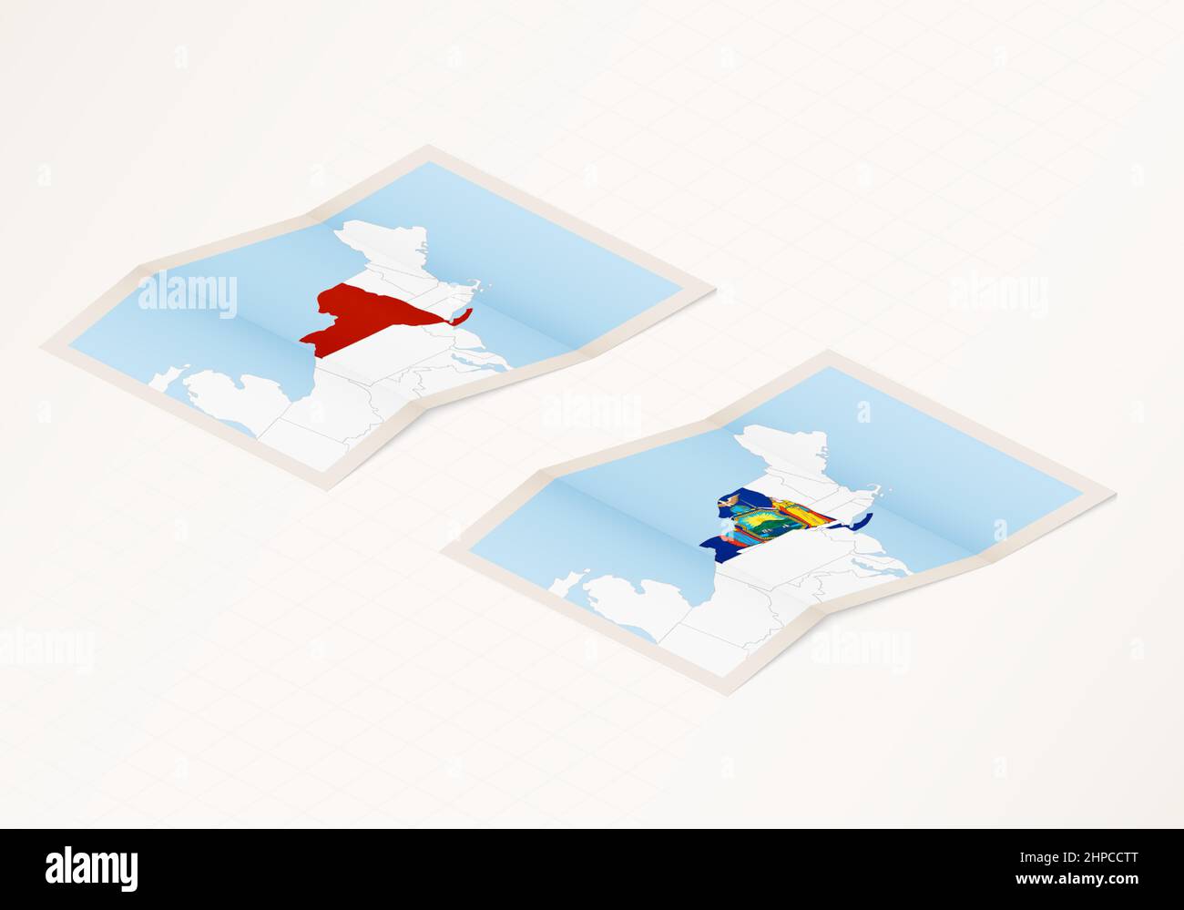 Two versions of a folded map of New York with the flag of the country ...