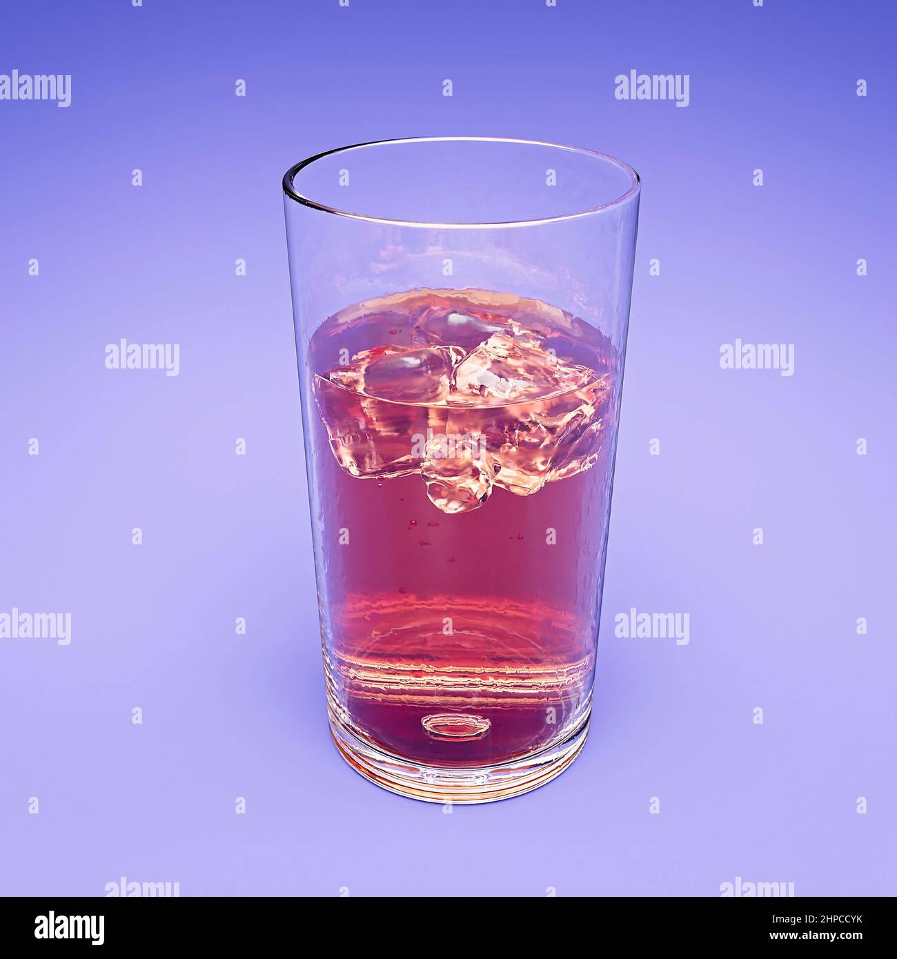 Iced colored soft drink in transparent glass on purple background. 3D ...