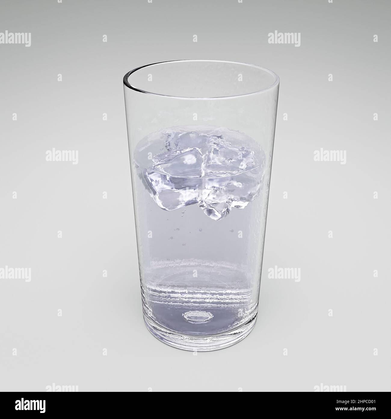Water with ice cubes in transparent glass on white background. 3D ...