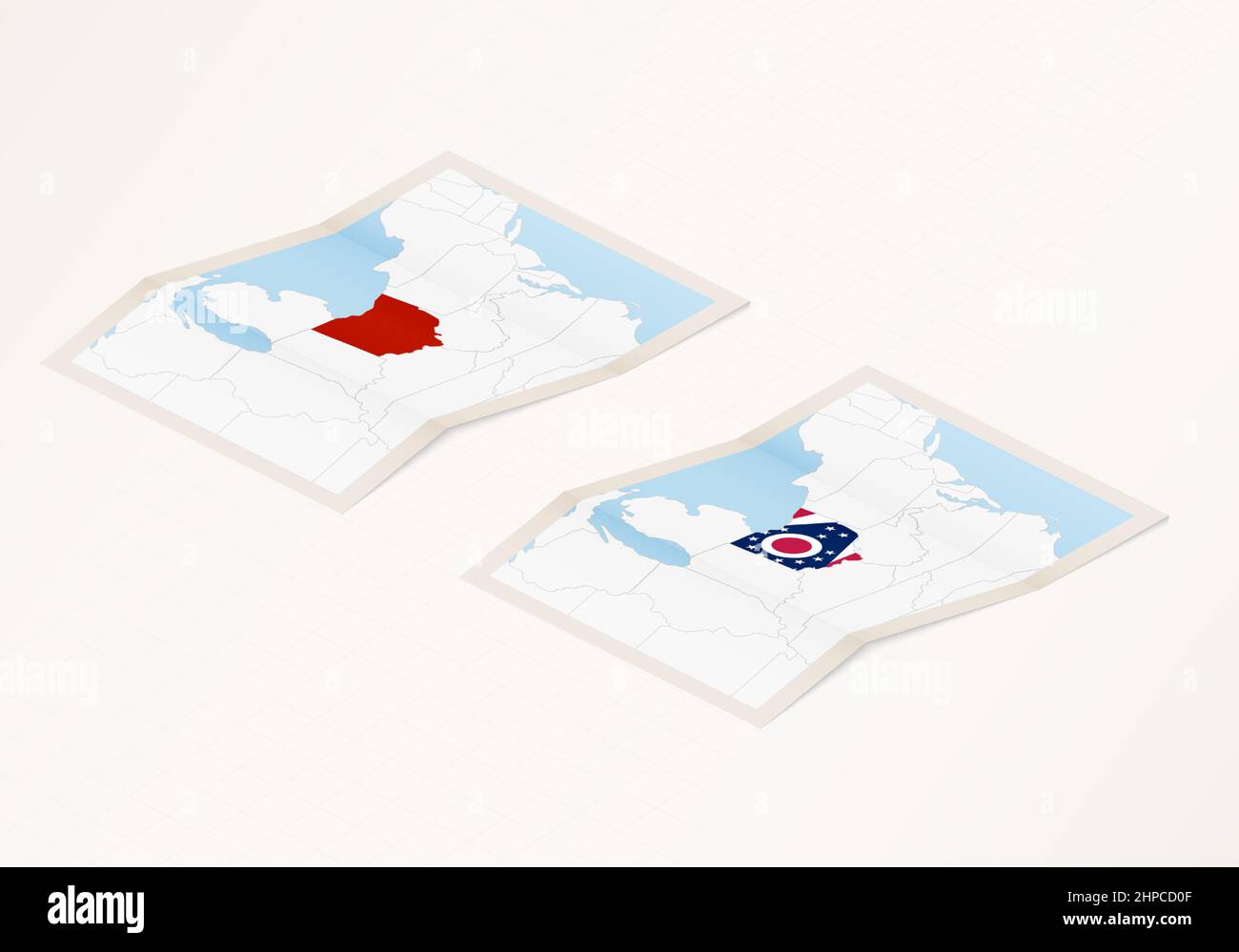 Two versions of a folded map of Ohio with the flag of the country of ...
