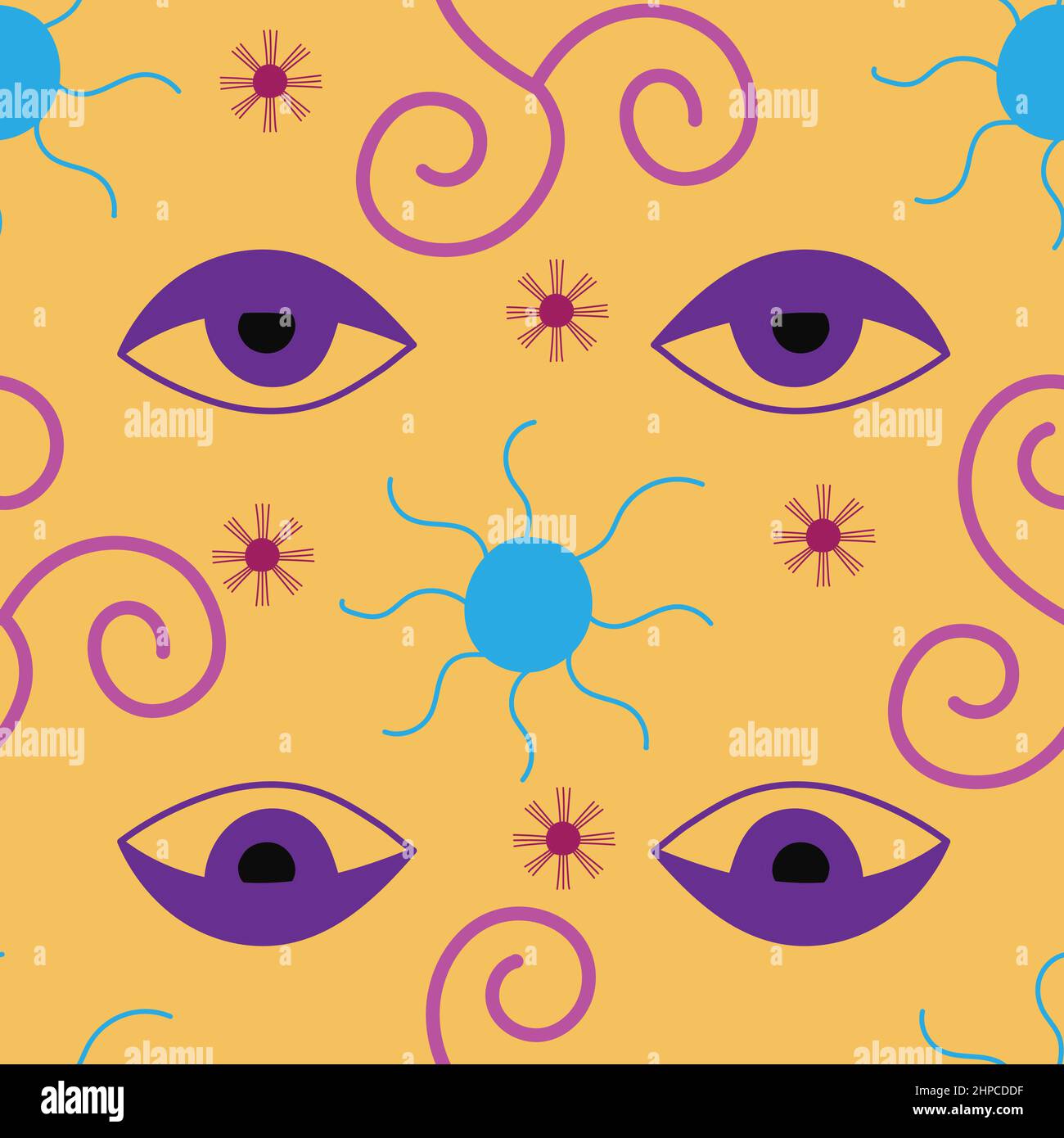 Esoteric seamless pattern with hand drawn magic symbols on yellow ...