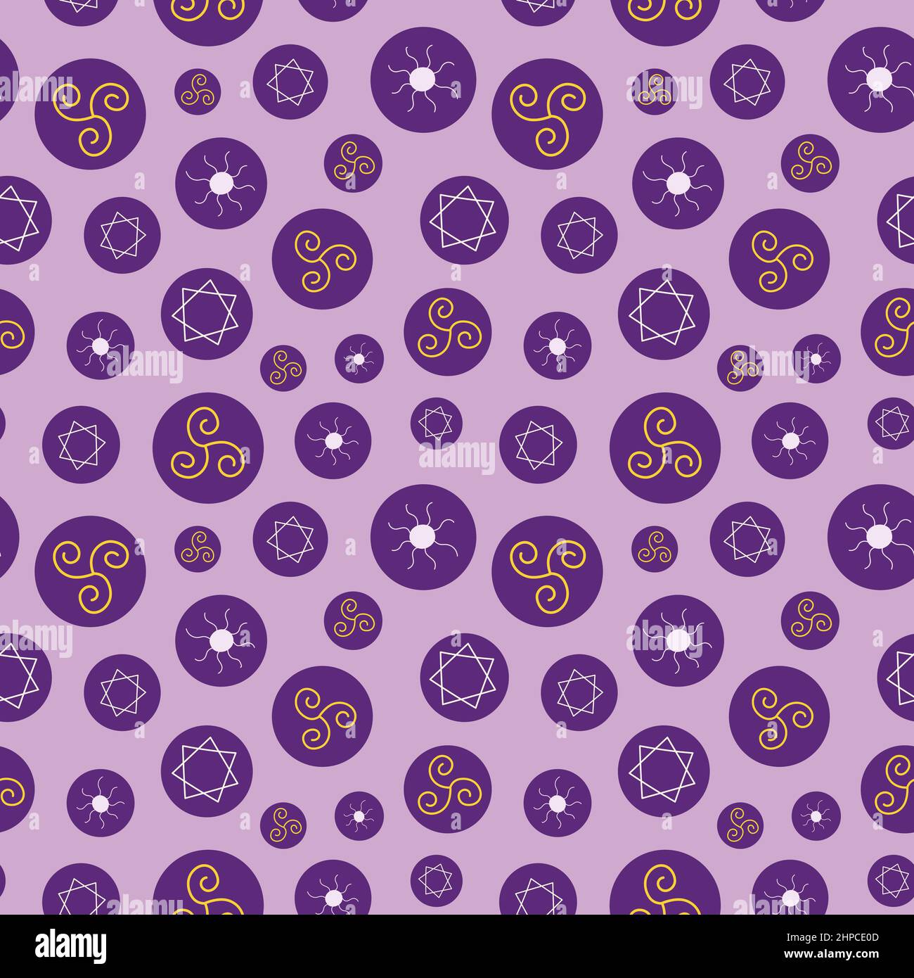 Esoteric seamless pattern with hand drawn magic symbols. Purple circles ...