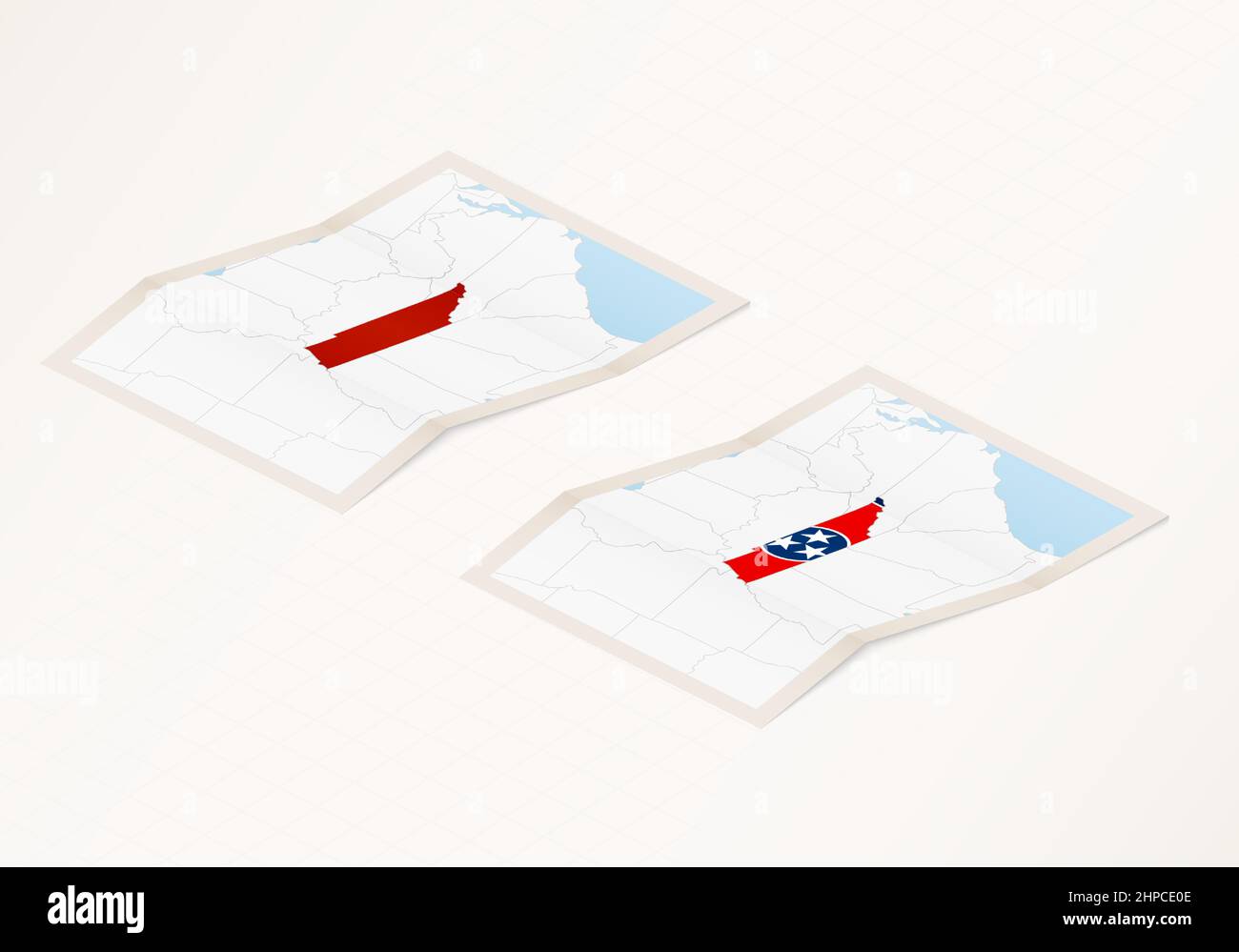 Two versions of a folded map of Tennessee with the flag of the country ...