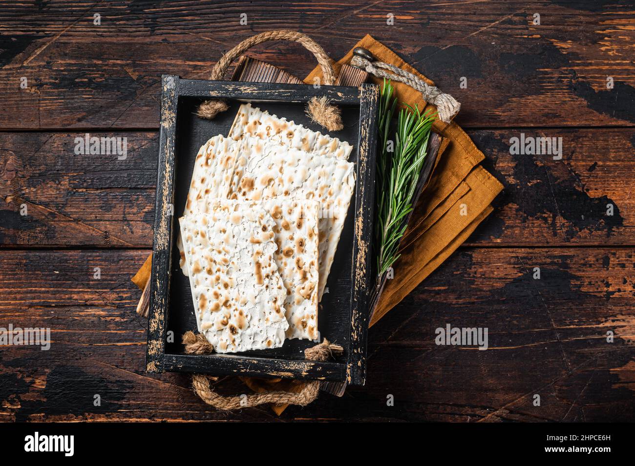 Passover matzos of celebration with matzo unleavened bread in a wooden ...