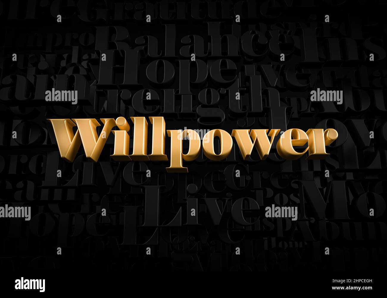 Willpower - Gold text on black text background - Motivational word 3D ...