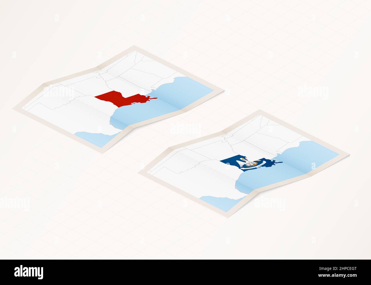 Two versions of a folded map of Louisiana with the flag of the country ...