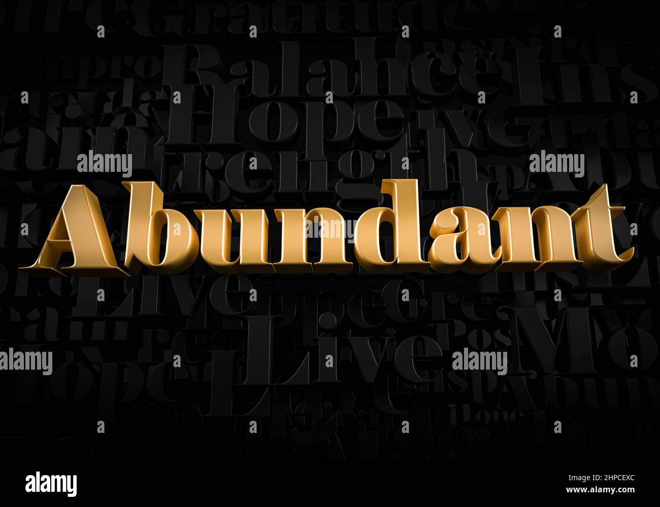 Abundant - Gold text on black text background - Motivational word 3D ...
