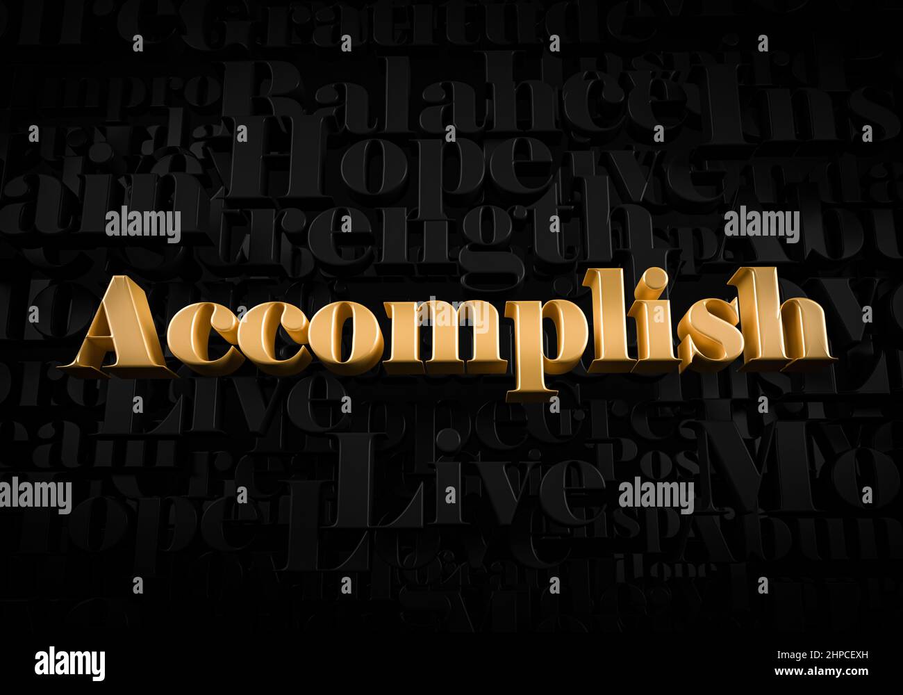 Accomplish - Gold text on black text background - Motivational word 3D ...