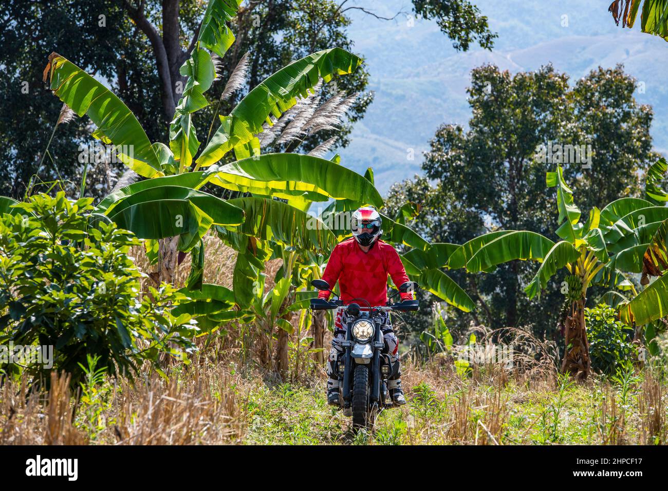 man riding his scrambler type motorcycle in north Thailand Stock Photo ...