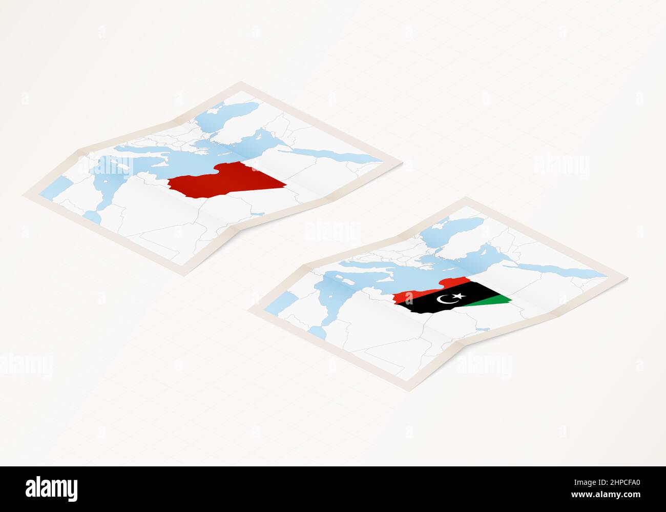 Two versions of a folded map of Libya with the flag of the country of ...