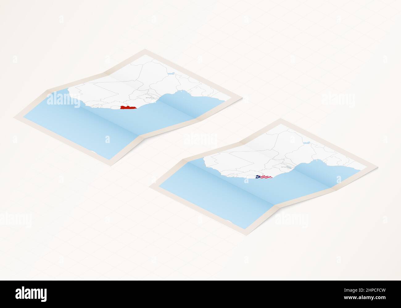 Two versions of a folded map of Liberia with the flag of the country of ...