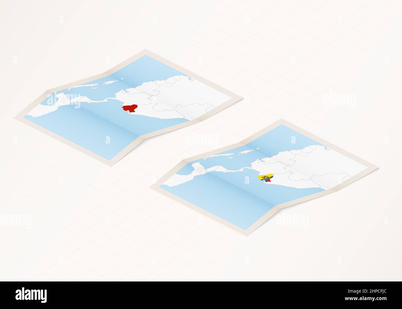 Two versions of a folded map of Ecuador with the flag of the country of ...