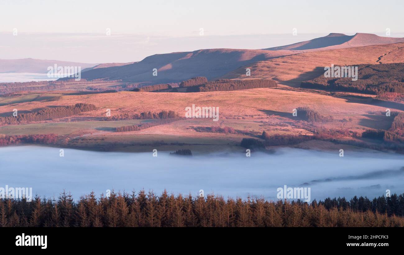 Aerial view of temperature inversion, Usk Valley and the Brecon Beacons ...