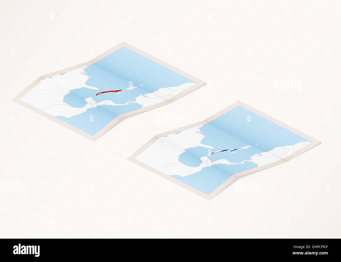 Two versions of a folded map of Cuba with the flag of the country of ...