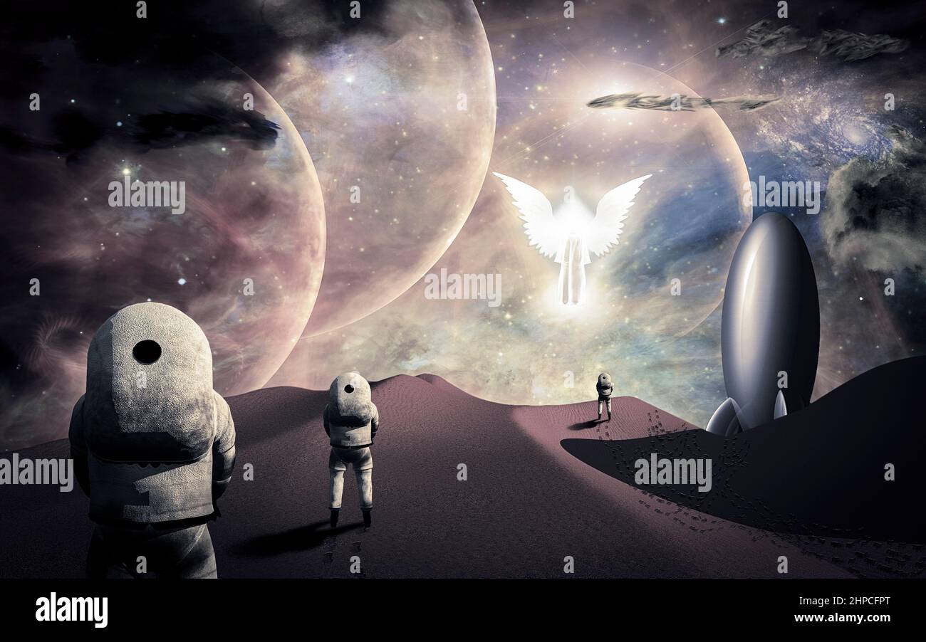 Astronauts on alien planet and their rocket ship greeted by angelic ...
