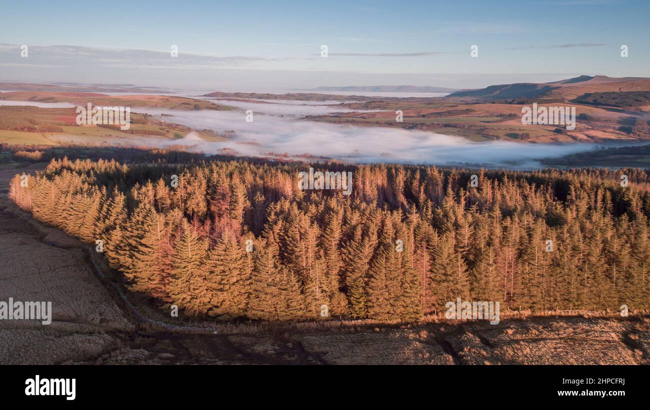 Aerial view of temperature inversion, Usk Valley and the Brecon Beacons ...