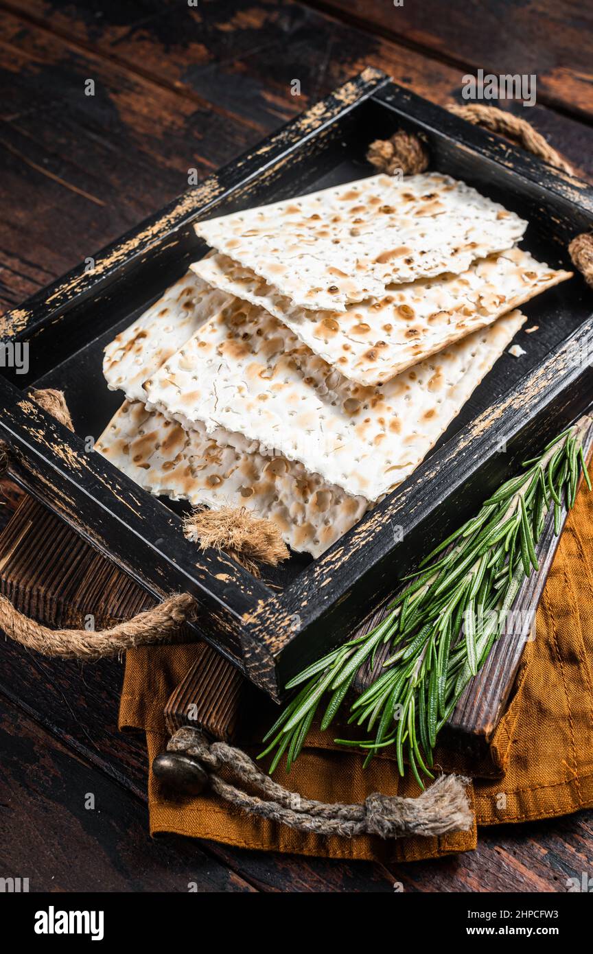 Passover matzos of celebration with matzo unleavened bread in a wooden ...