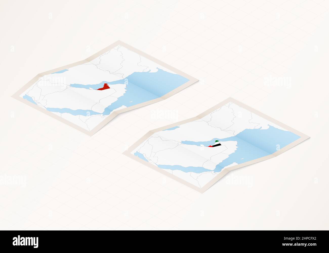 Two versions of a folded map of United Arab Emirates with the flag of ...