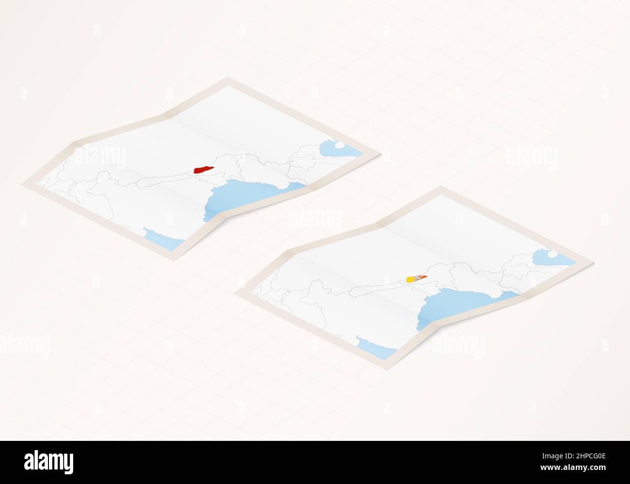 Two versions of a folded map of Bhutan with the flag of the country of ...
