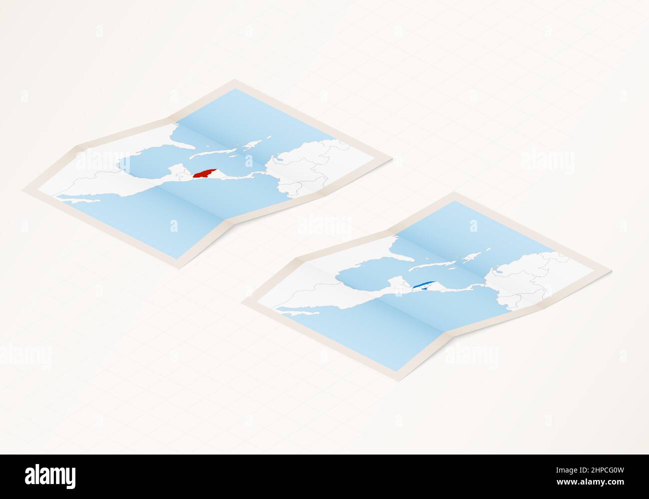 Two versions of a folded map of Honduras with the flag of the country ...