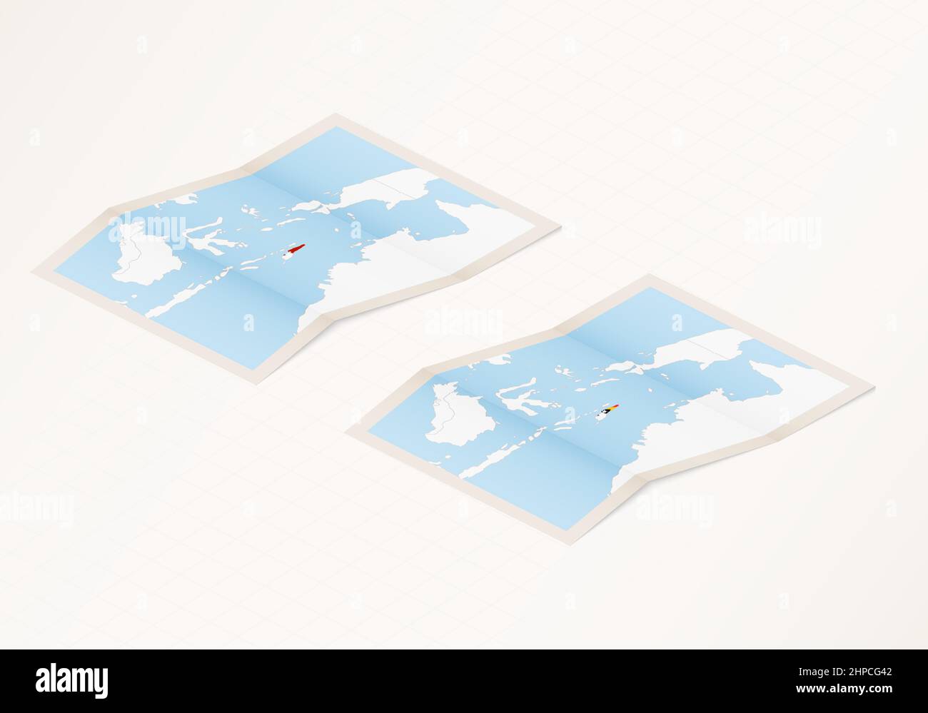 Two versions of a folded map of East Timor with the flag of the country ...