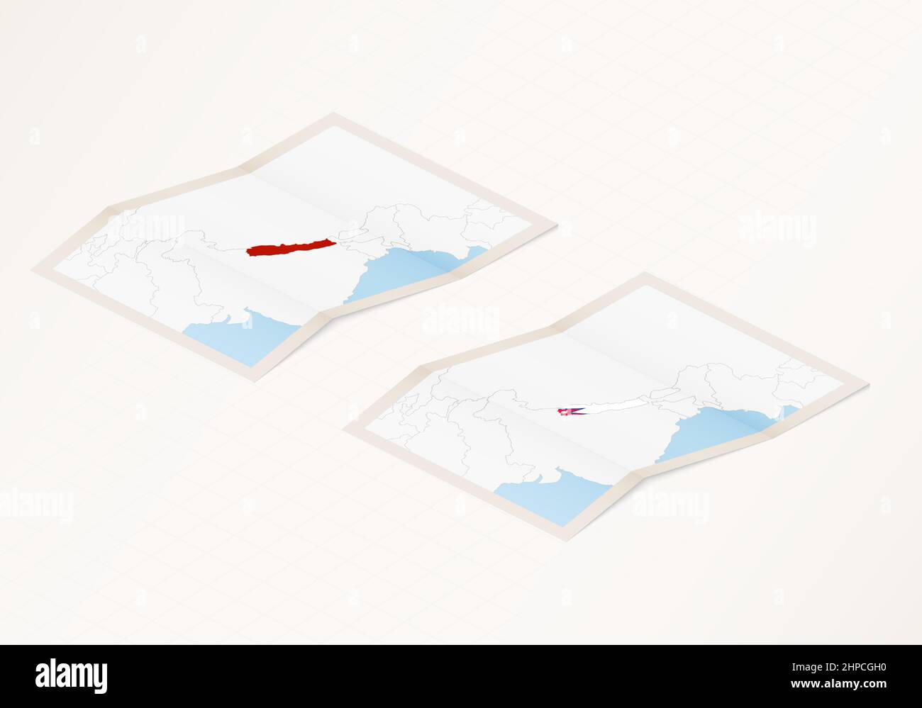 Two versions of a folded map of Nepal with the flag of the country of ...